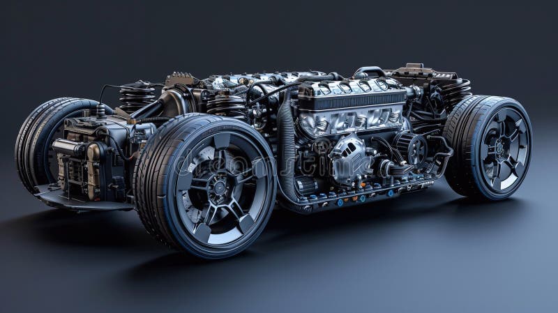 Front Car Chassis with Engine on White Background. 3D Illustration ...