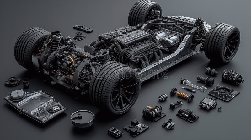 Front Car Chassis with Engine on White Background. 3D Illustration ...