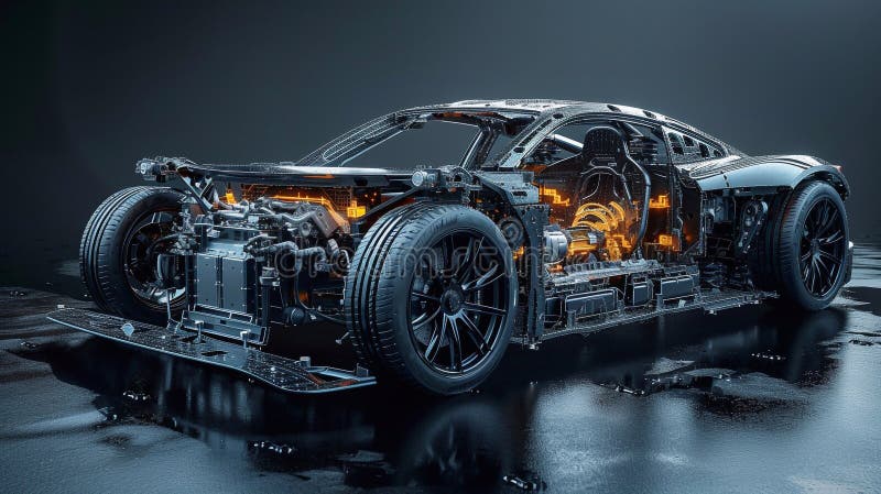 Front Car Chassis with Engine on White Background. 3D Illustration ...