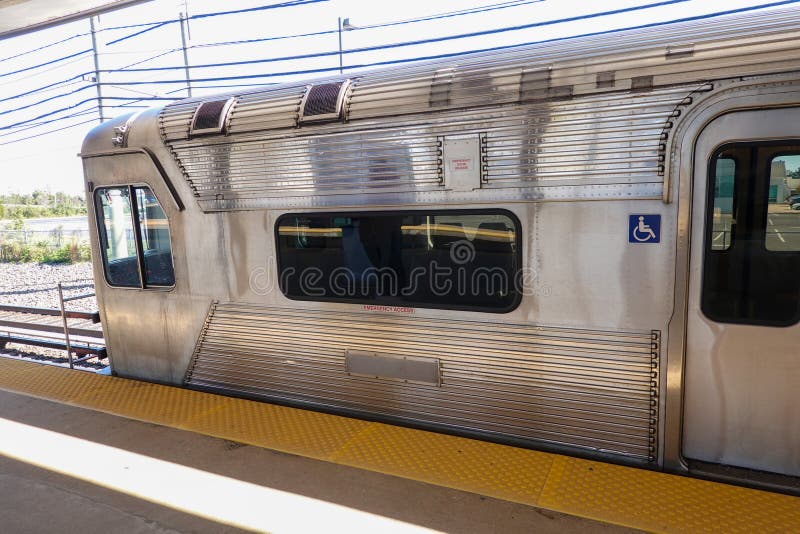 The Front Car of a Silver Subway Train at an Outdoor Station Stock ...