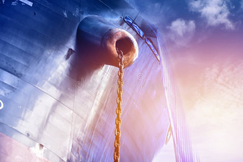 Front of Cargo Ship with Anchor Chain Hanging Stock Image - Image of ...