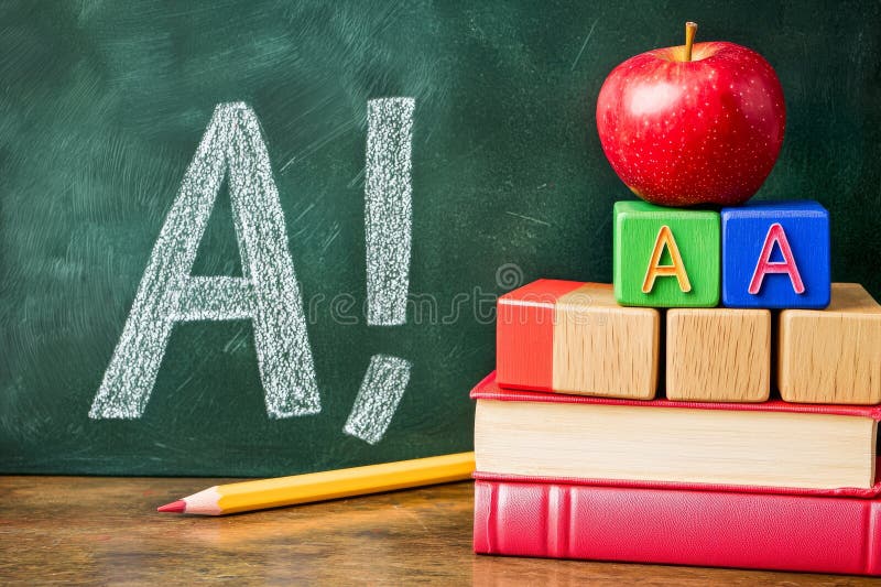 In Front of a Chalkboard are Books on a Pile with Wooden Blocks Stock ...