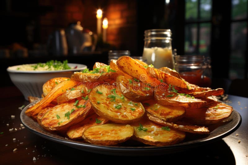 Front Chips Tasty Chips Inside the Plate on the Dark Table Food Meal ...