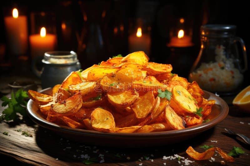 Front Chips Tasty Chips Inside the Plate on the Dark Table Food Meal ...