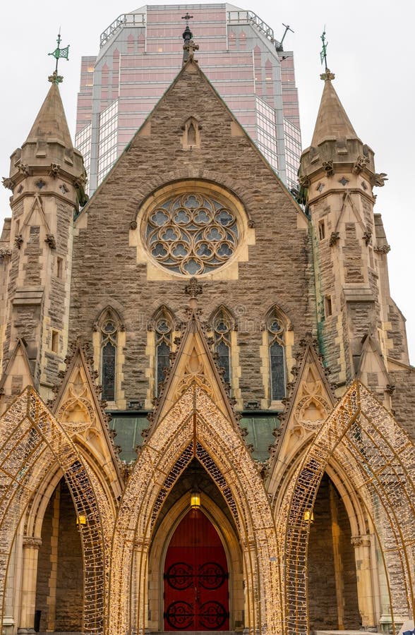 Front of Church with Lights on Arches Stock Image - Image of monastery ...