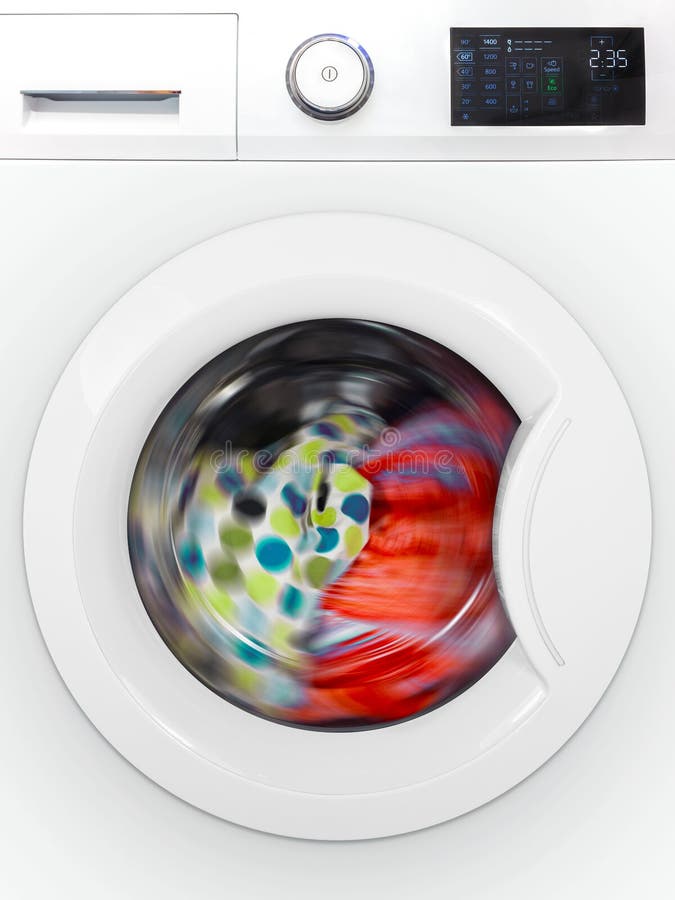 Front of a Modern Electronic Washing Machine with Rotating Colorful ...
