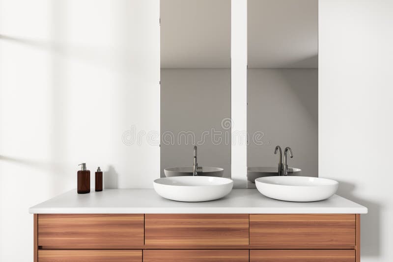 Front Close Up View on Bright Bathroom Interior with Mirrors Stock ...