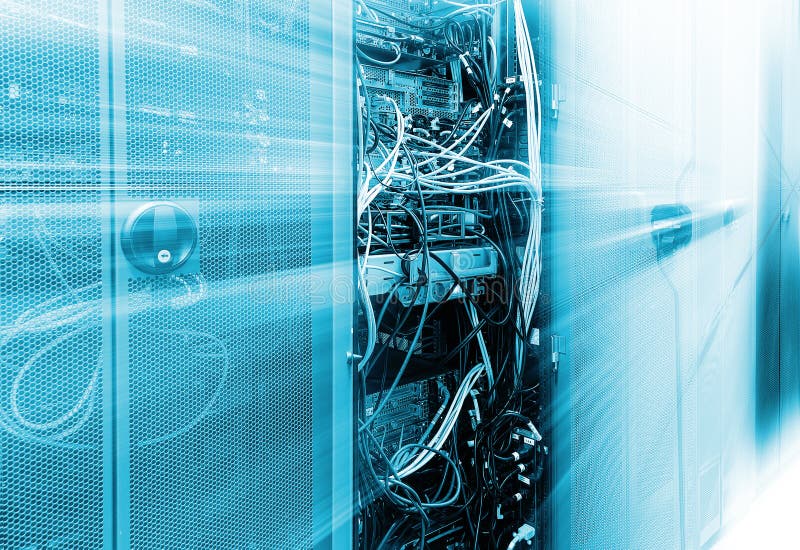 Communication Equipment Room with Lighting in the Data Center with Blur ...