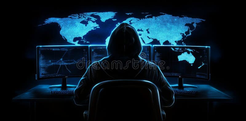 In Front of a Computer, a Hooded Person Stares at a Large Screen ...