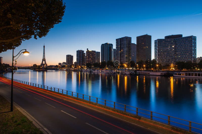 Front De Seine and Eiffel Tower at Blue Hour, Pari Stock Image - Image ...