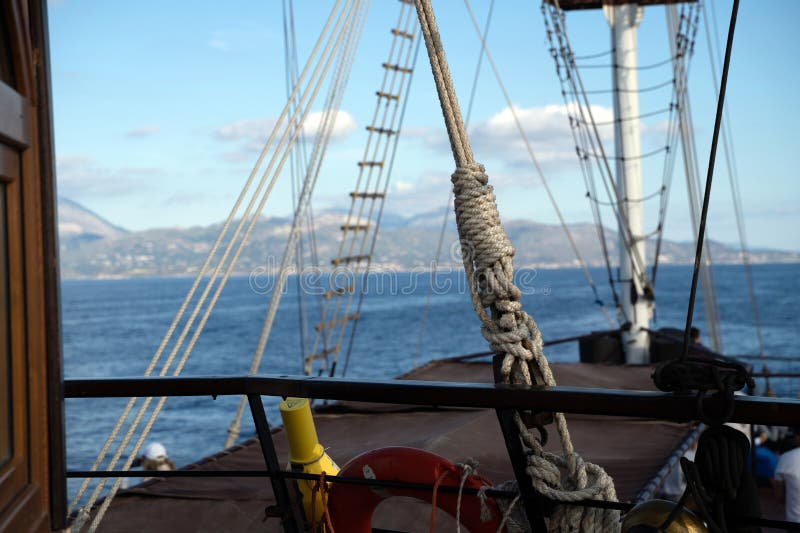 Front Deck of a Sailing Ship with Ropes, Mooring Lines and Tow Lines ...