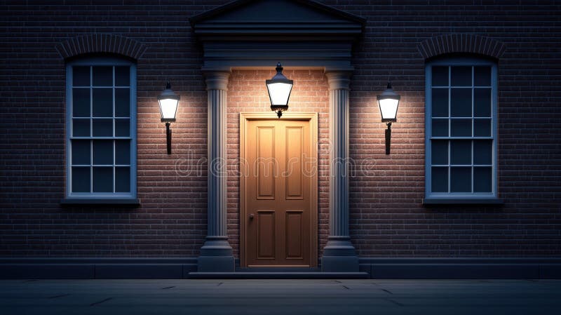 Front Door of Old Brick House with Sconces and Night View in High ...