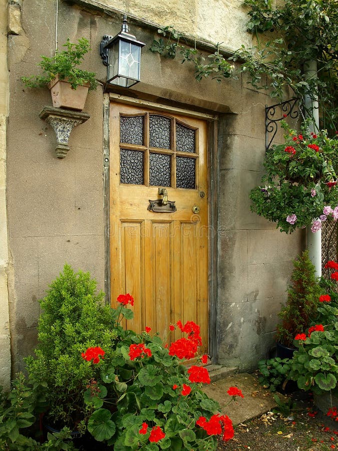 Front Door of an Old Cottage Stock Image - Image of flowers, guest ...