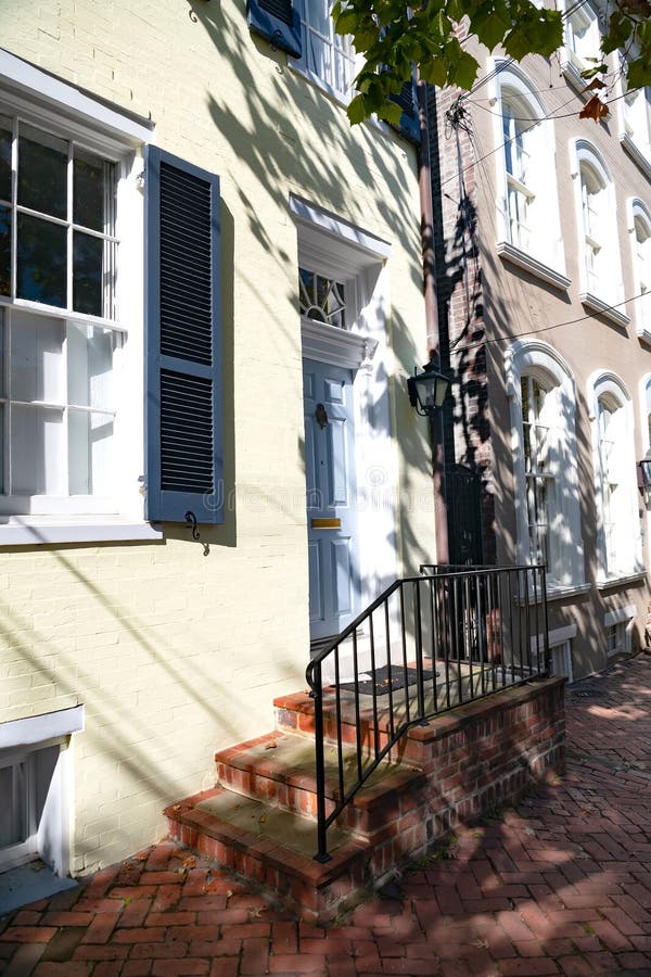 Front Door To the House. Brick Sidewalk, Windows with Shutters Stock ...