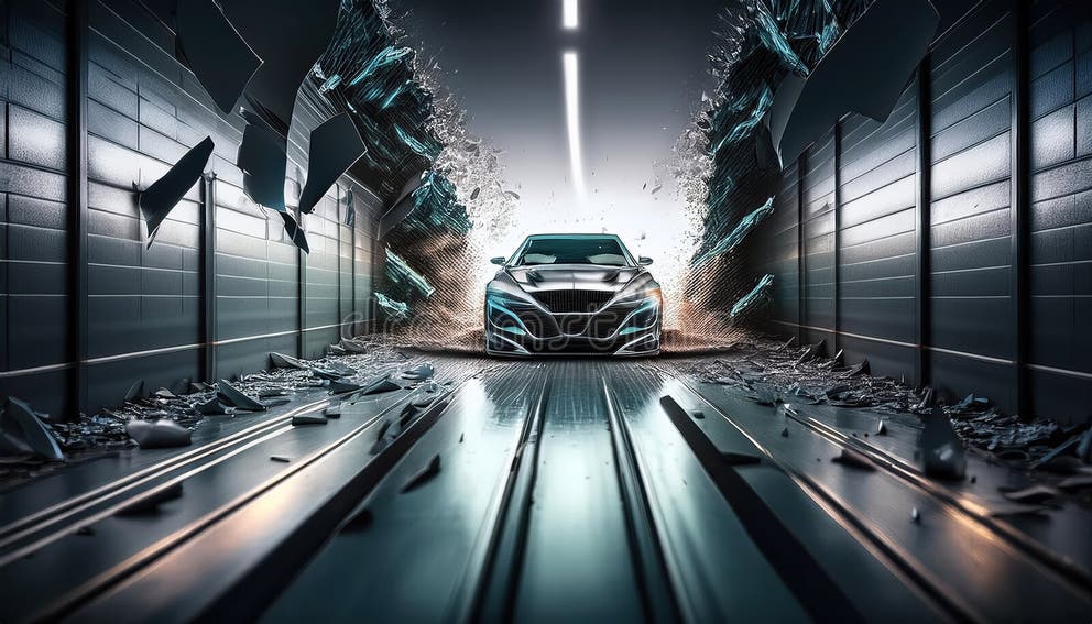 Front End of a Car Crashes through a Horizontal Metal Wall in a ...