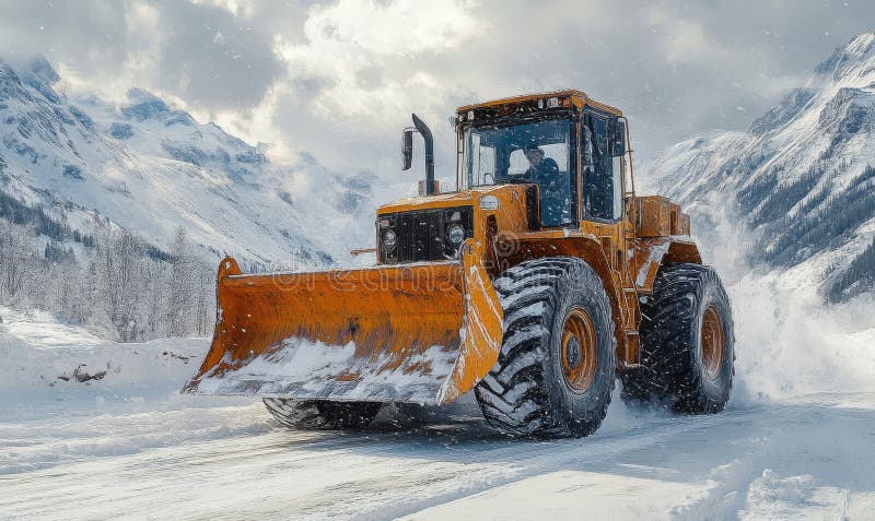 Front-end Loader Clearing Snow on a Winter Mountain Road Stock Photo ...
