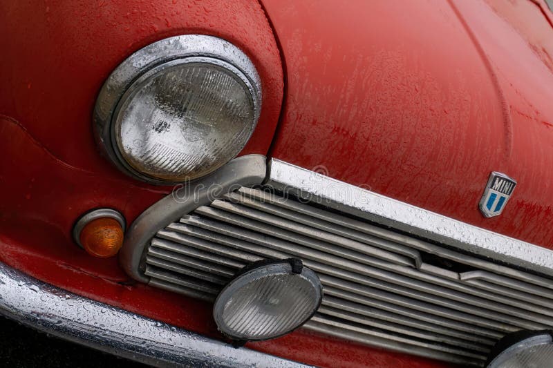 Front End of a Red Retro Car in Raindrops Editorial Stock Photo - Image ...