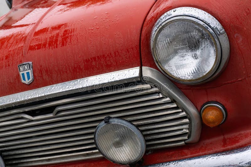 Front End of a Red Retro Car in Raindrops Editorial Image - Image of ...