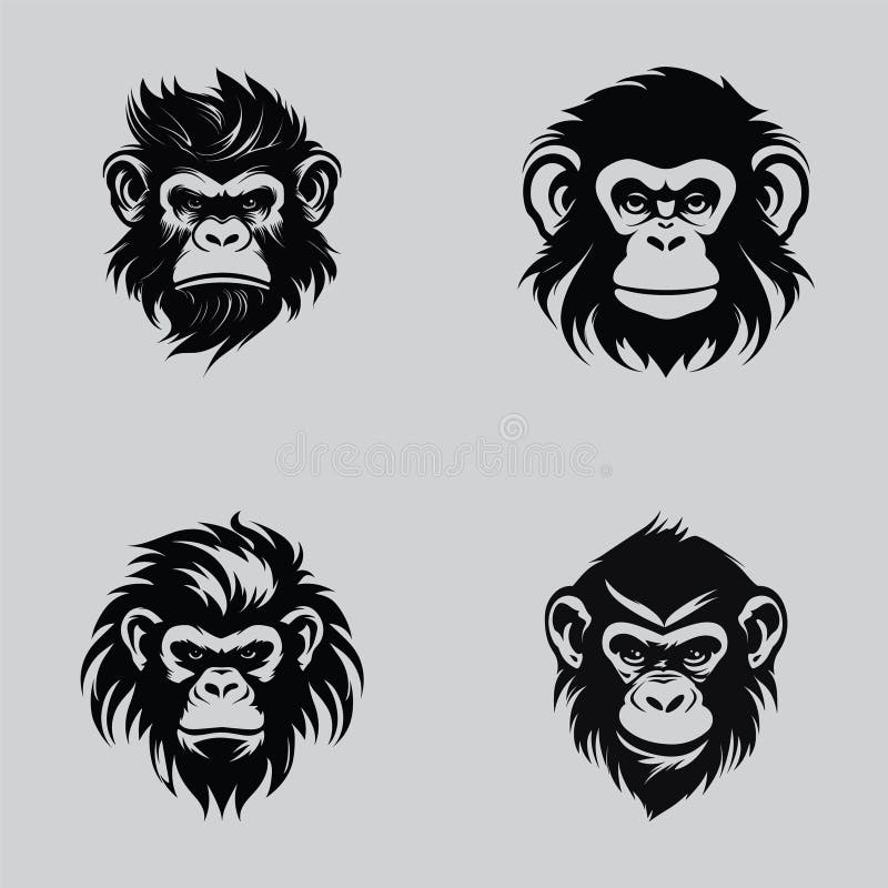 Front-Facing Black Silhouette Monkey Head Logo Set: Expressive Vector ...