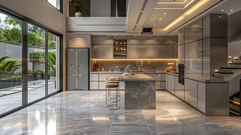 A Front Facing Elegant Kitchen with Grey Floor, Few Props, Beautiful ...