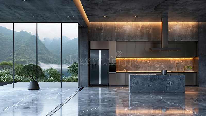 A Front Facing Elegant Kitchen with Grey Floor, Few Props, Beautiful ...