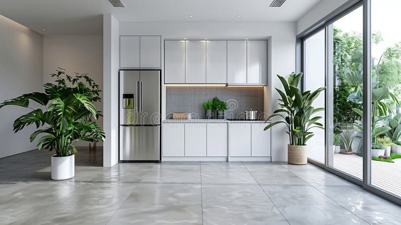 A Front Facing Elegant Kitchen with Grey Floor, Few Props, Beautiful ...