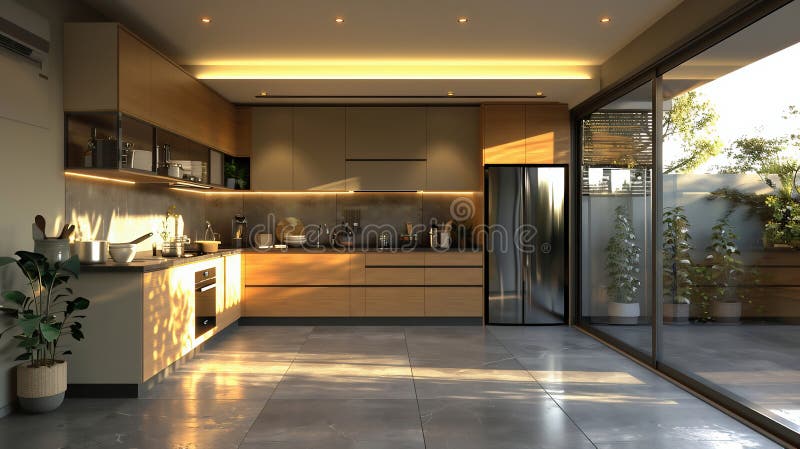 A Front Facing Elegant Kitchen with Grey Floor, Few Props, Beautiful ...