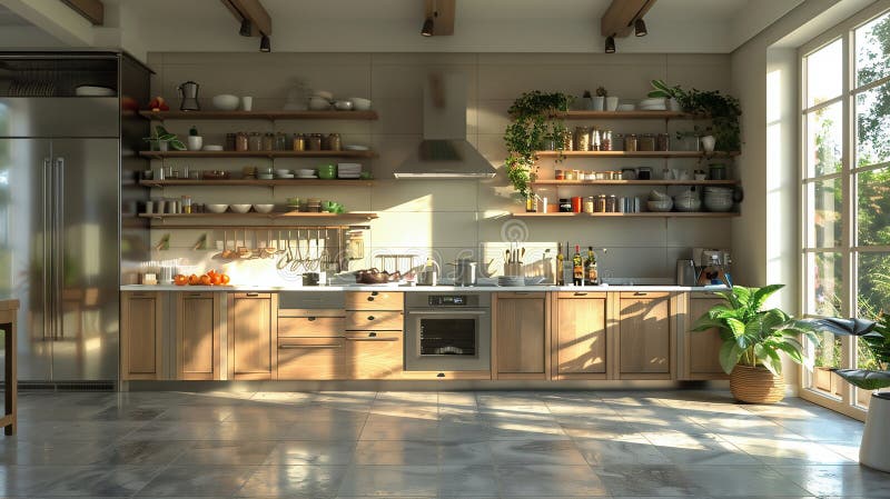 A Front Facing Elegant Kitchen with Grey Floor, Few Props, Beautiful ...