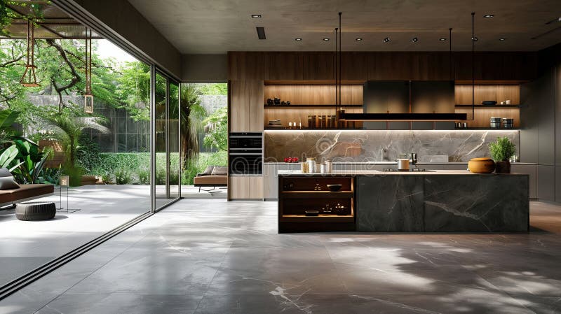 A Front Facing Elegant Kitchen with Grey Floor, Few Props, Beautiful ...