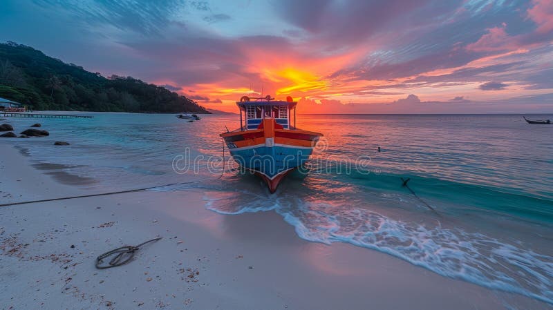 Front-facing Long-tail Boat on Tropical Beach at Sunset, with Waves ...