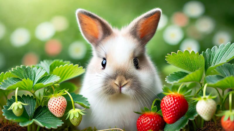 A Front-facing Shot of a Rabbit Next To a Row of Strawberry Plants ...