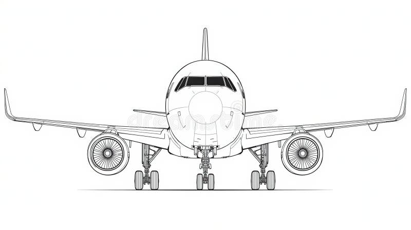 Front-facing Technical Drawing of a Commercial Jet Airplane Showcasing ...