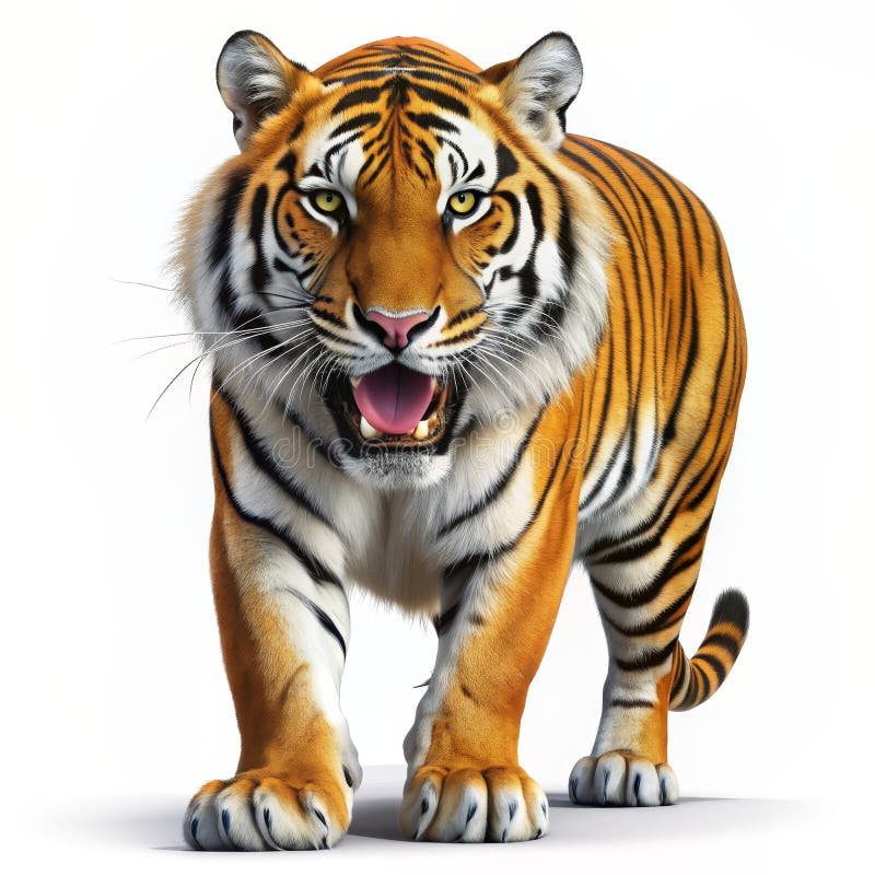 Front-Facing Tiger with Open Mouth 3D Render, Orange and Black Stripes ...