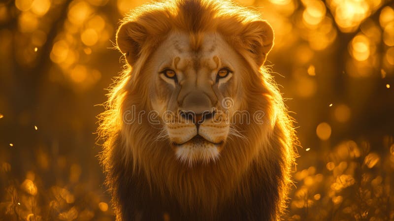 Front View of a Regal Lion Staring Directly into Camera with Intense ...
