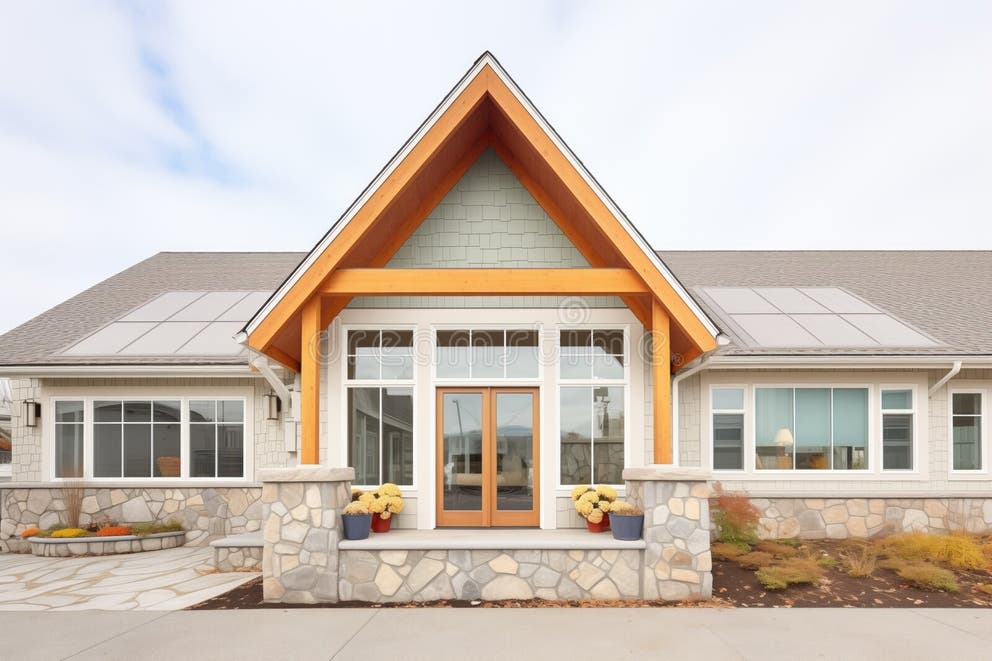 Front Gable View of Shingle House with Stone Groundwork Stock Photo ...