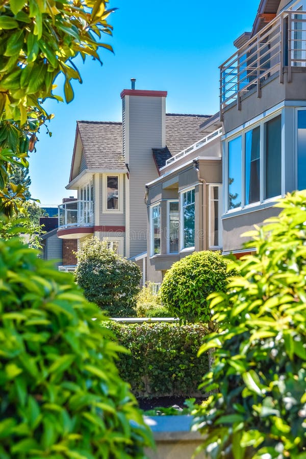 Front of Houses with Landscape Yard on Sunny Day Stock Photo - Image of ...
