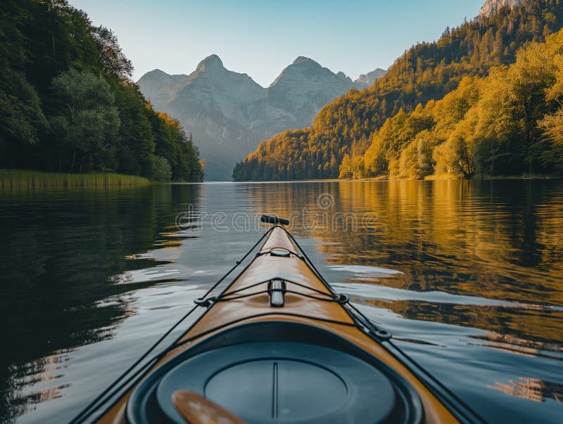 The Front of a Kayak on a Lake with Forested Mountains in the ...