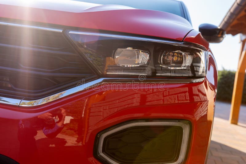 Front Light of a New Red Car Stock Photo - Image of design, modern ...