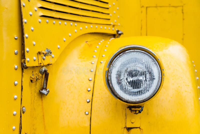 Front Lights of Yellow School Bus in Vintage Style. Stock Image - Image ...