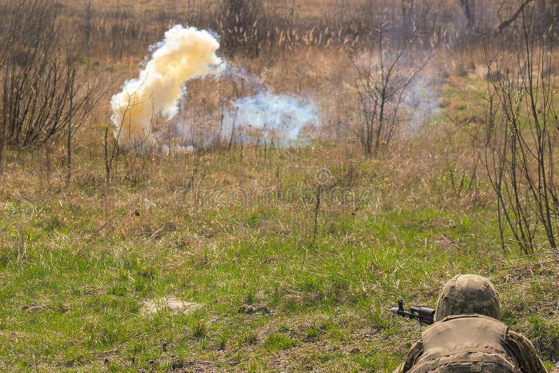 Front Line. Military Attack on Battlefield from Ambush Stock Image ...