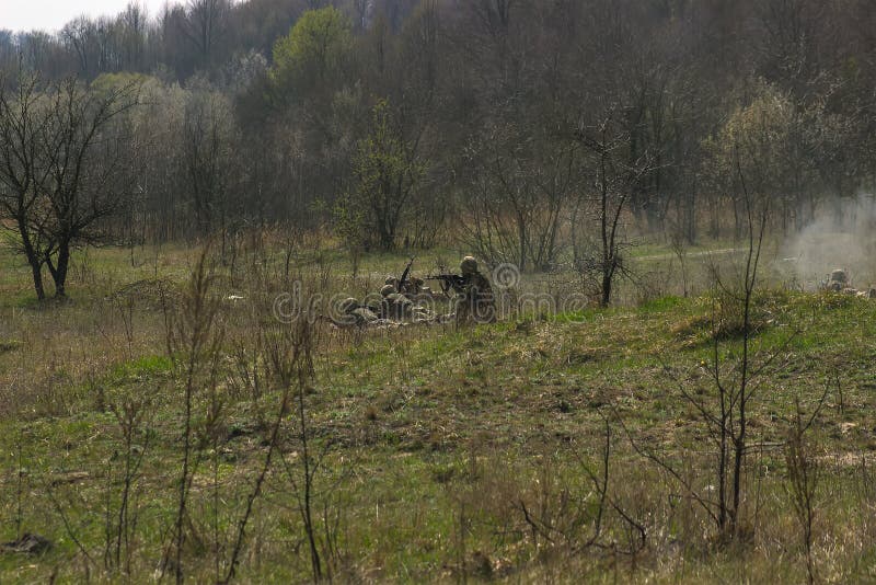 Front Line. Military Attack on Battlefield from Ambush Stock Photo ...