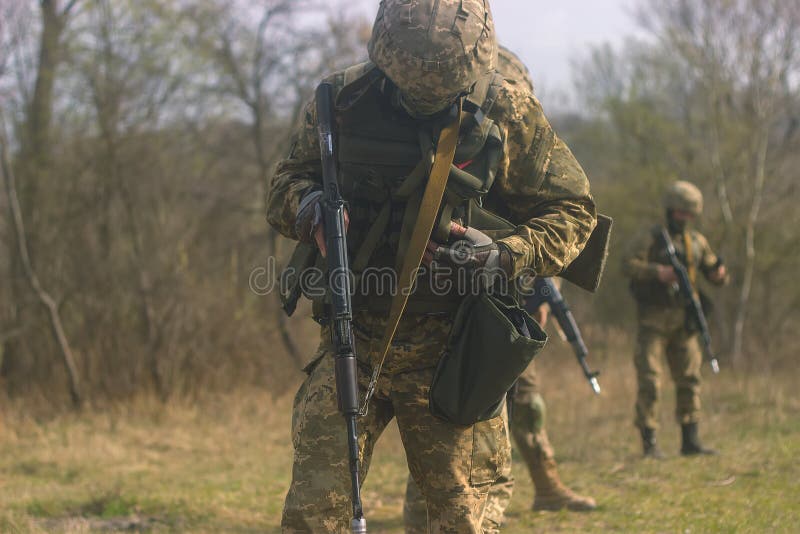 Front Line. Military Attack on Battlefield from Ambush Stock Photo ...