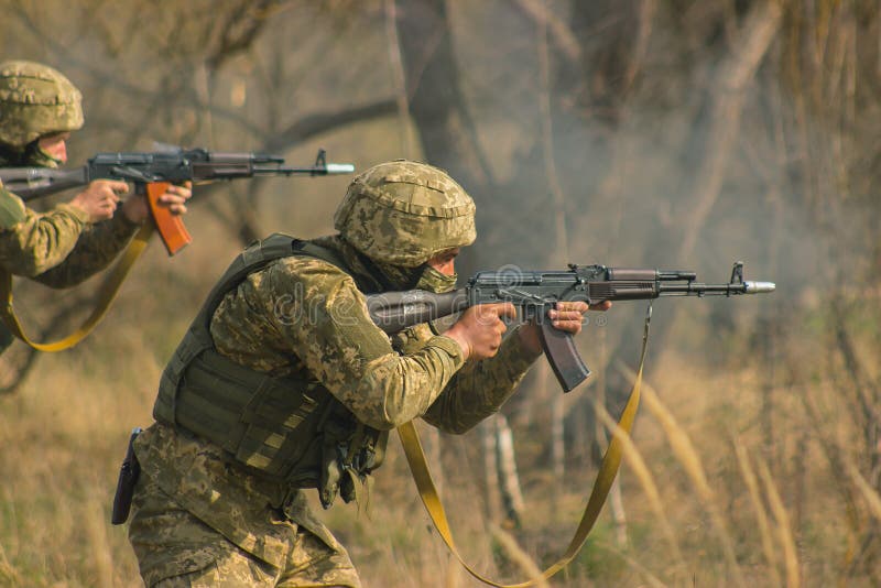 Front Line. Military Attack on Battlefield from Ambush Stock Image ...