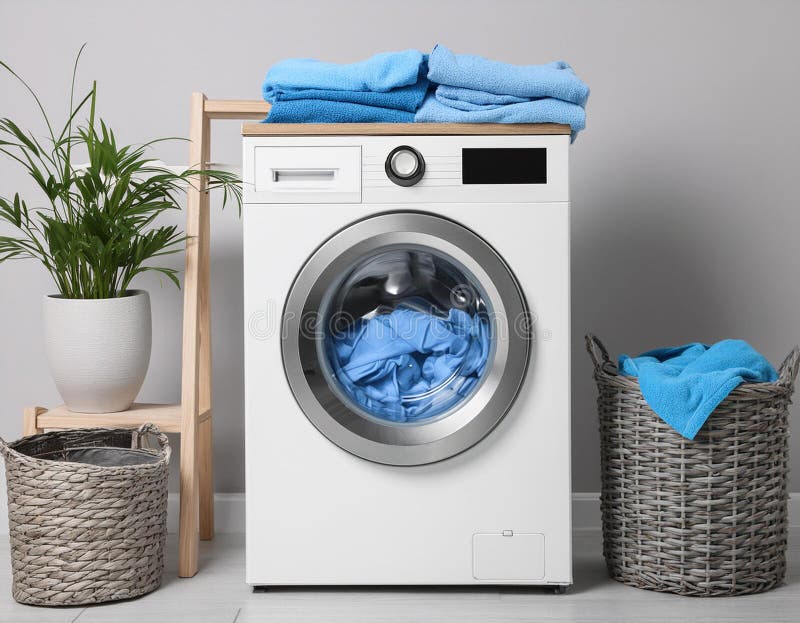 A Front-load Washing Machine with Blue Laundry, Showcasing Household ...