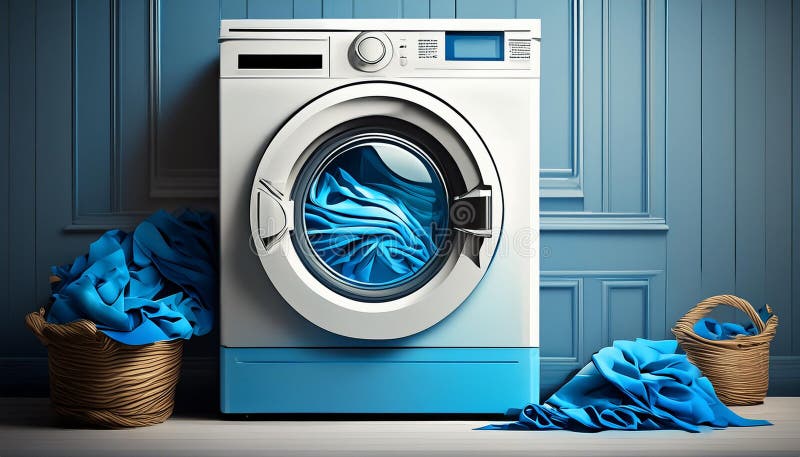 A Front-load Washing Machine with Blue Laundry, Showcasing Household ...
