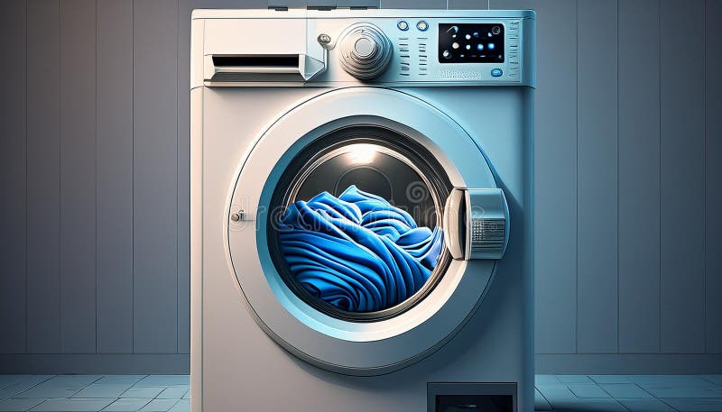 A Front-load Washing Machine with Blue Laundry, Showcasing Household ...