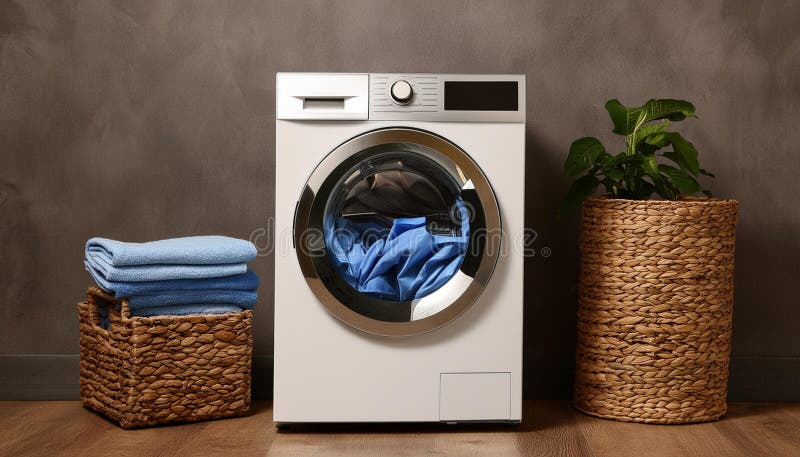 A Front-load Washing Machine with Blue Laundry, Showcasing Household ...