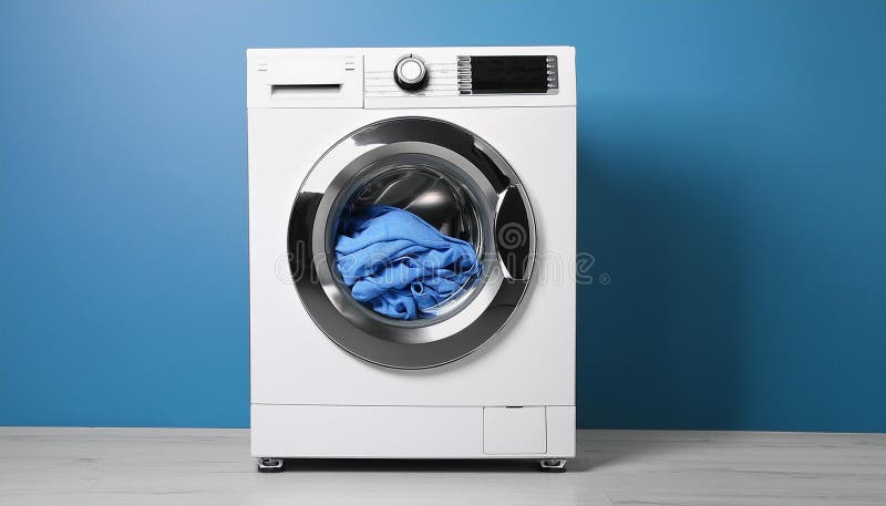 A Front-load Washing Machine with Blue Laundry, Showcasing Household ...