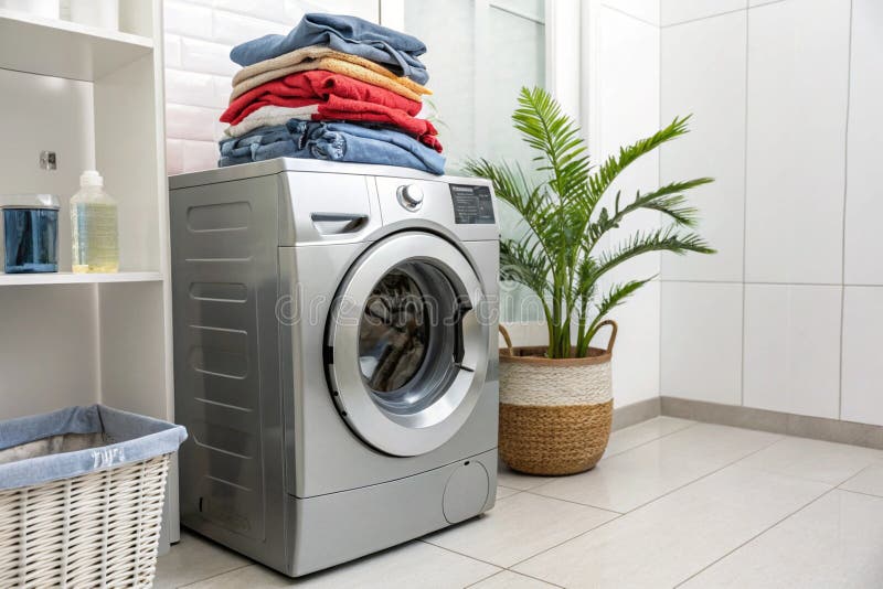 Front Load Washing Machine with Clothes and Plant in Laundry Room Stock ...