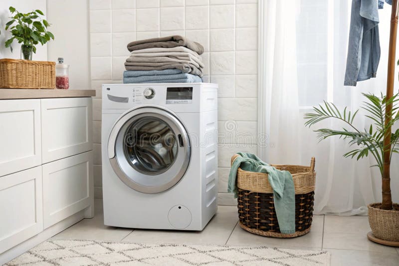 Front Load Washing Machine with Clothes and Plant in Laundry Room Stock ...